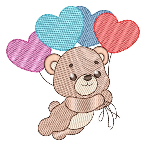 Matriz de Bordado Ursinho com Balões de Coração (Pontos Leves) em ...